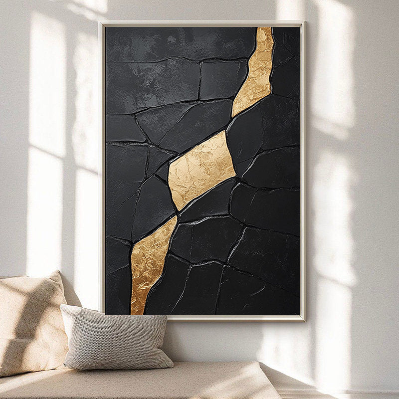 Gilded Incline: Textured Black Abstract with Diagonal Gold Vein #MM556