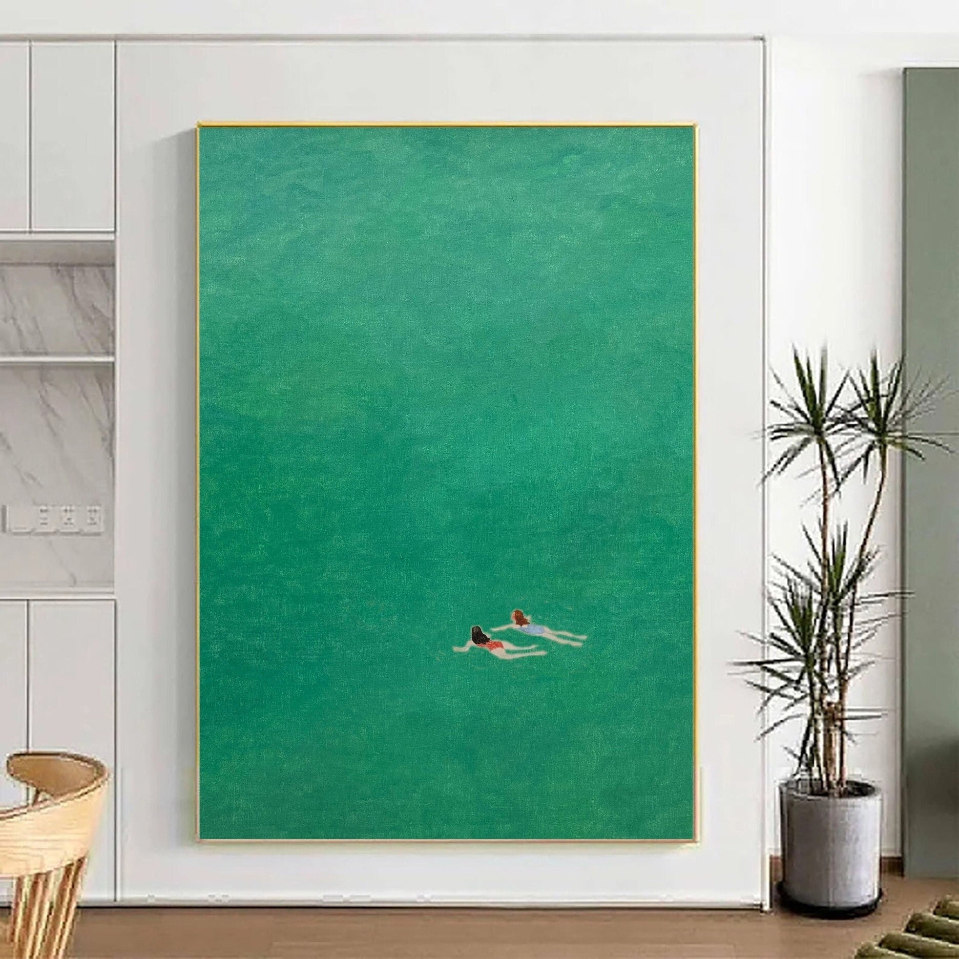 Serene Emerald Swim: Overhead View of Swimmers in Green #MM654