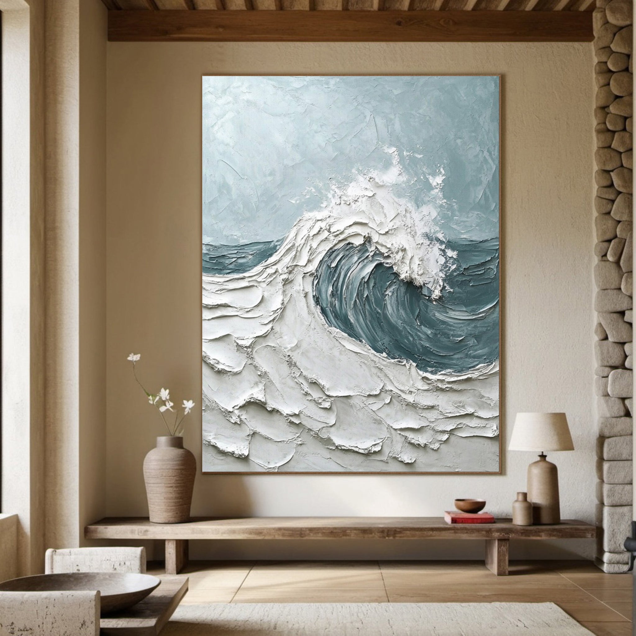 Textured Ocean Wave Painting with Bold Impasto for Decor #MM564