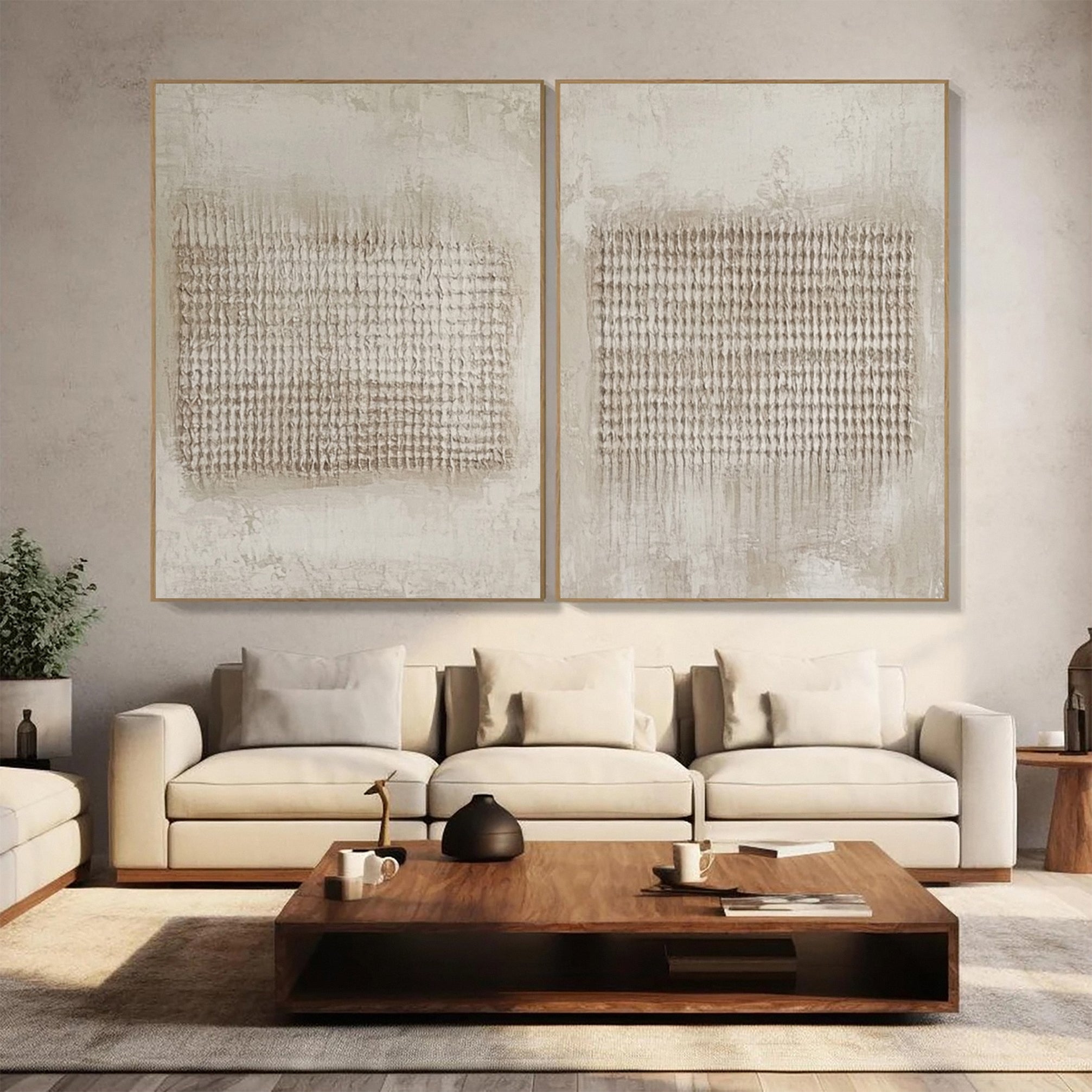 Neutral Grid Texture Diptych: Minimalist Abstract with Markings #MM605