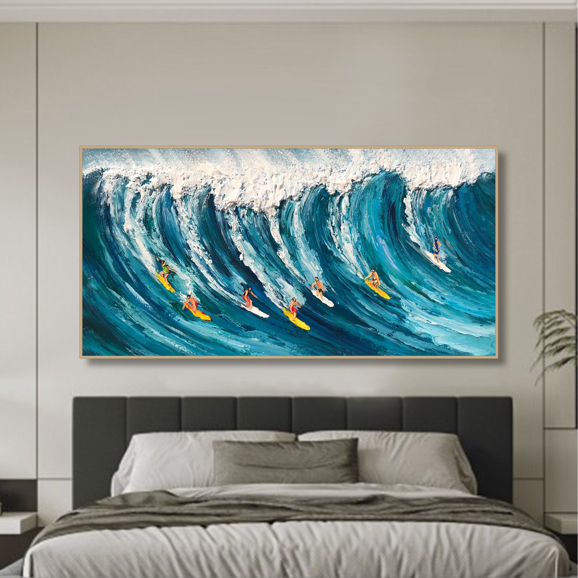 Dynamic Surfing In Textured Ocean Waves, Impasto Wall Art #SPA013