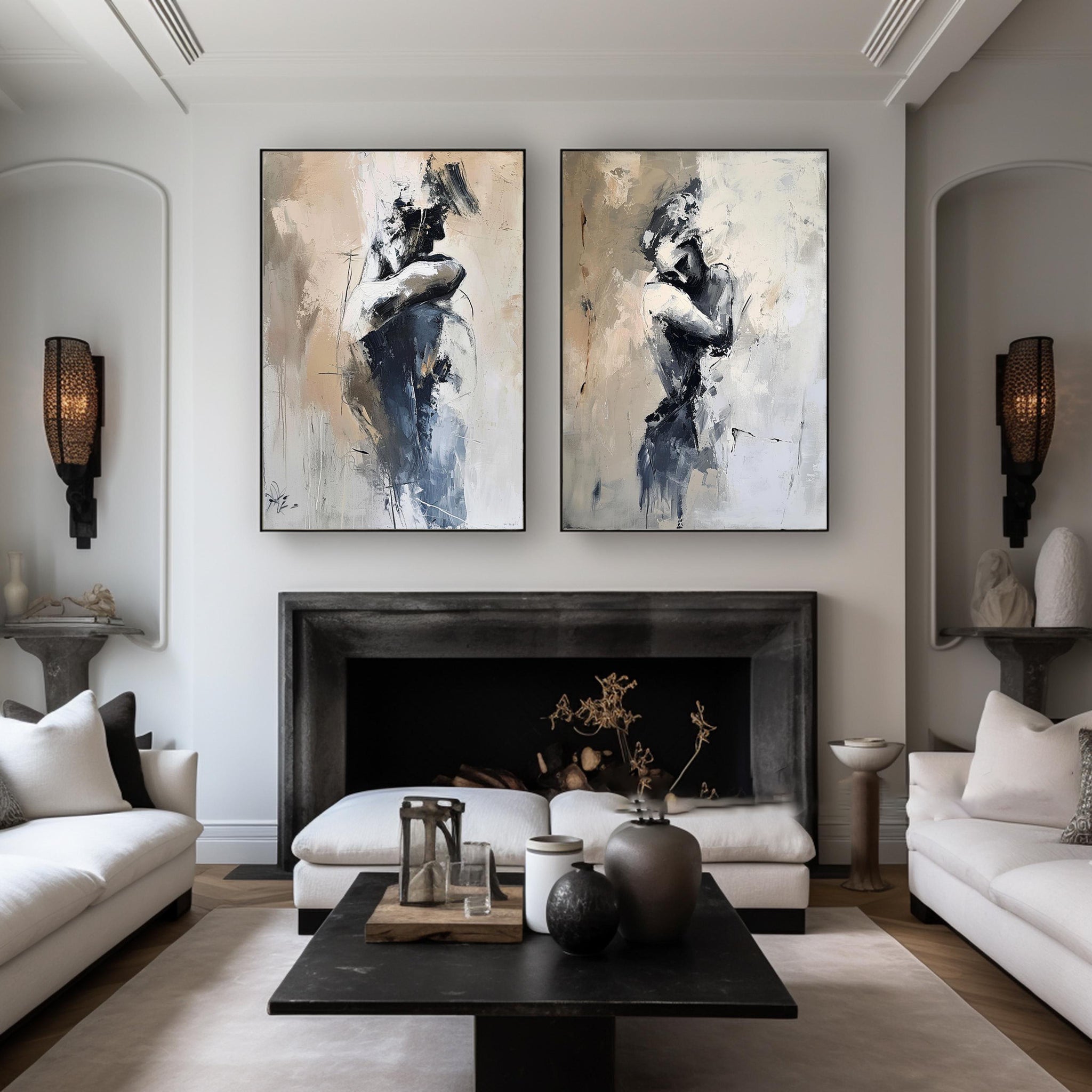 Intimate Lovers Figure Diptych, Modern Abstract Art #HF020