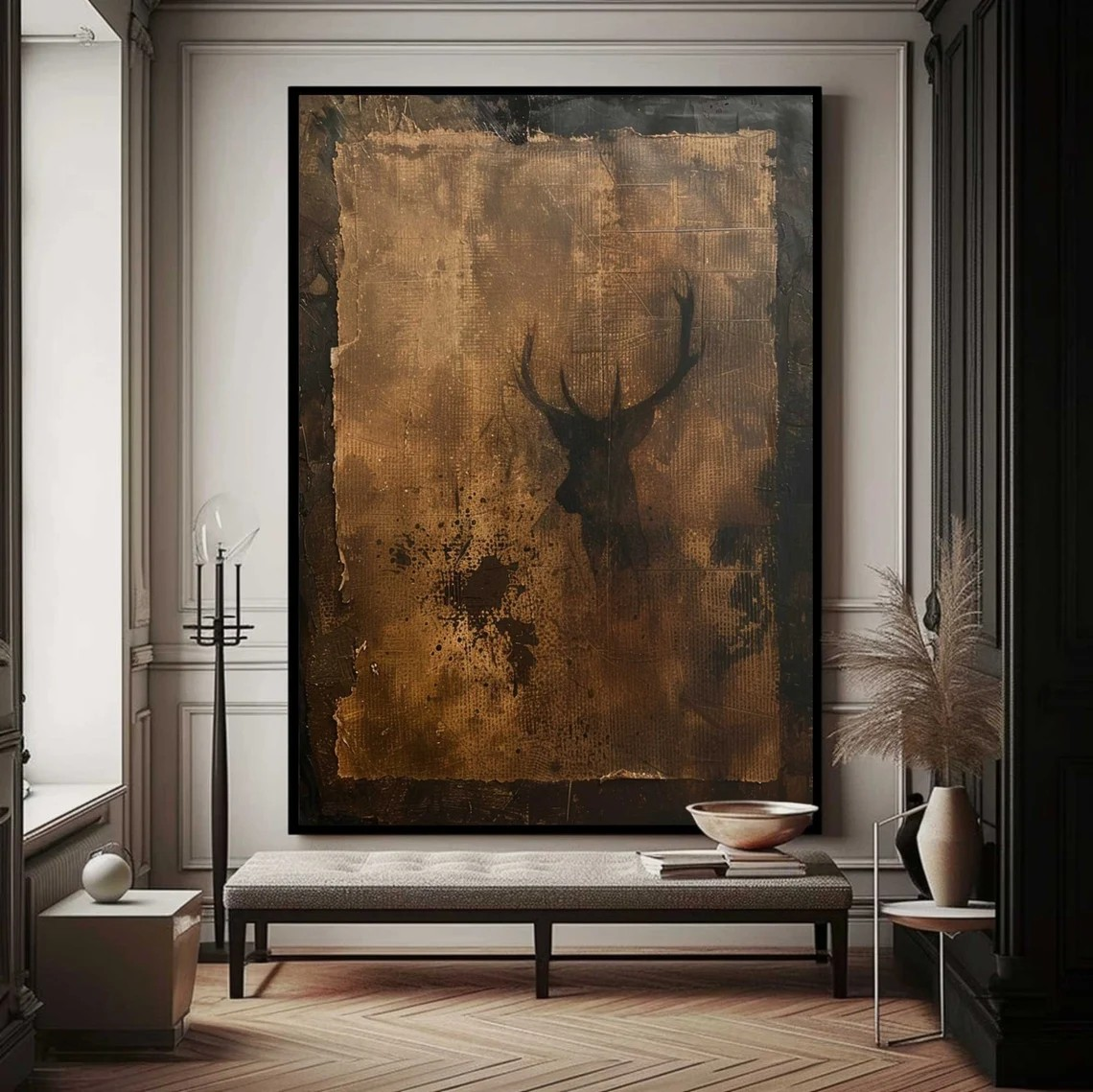 Brown Textured WABI SABI Art with Stag Modern Minimalist Wall Decor #M